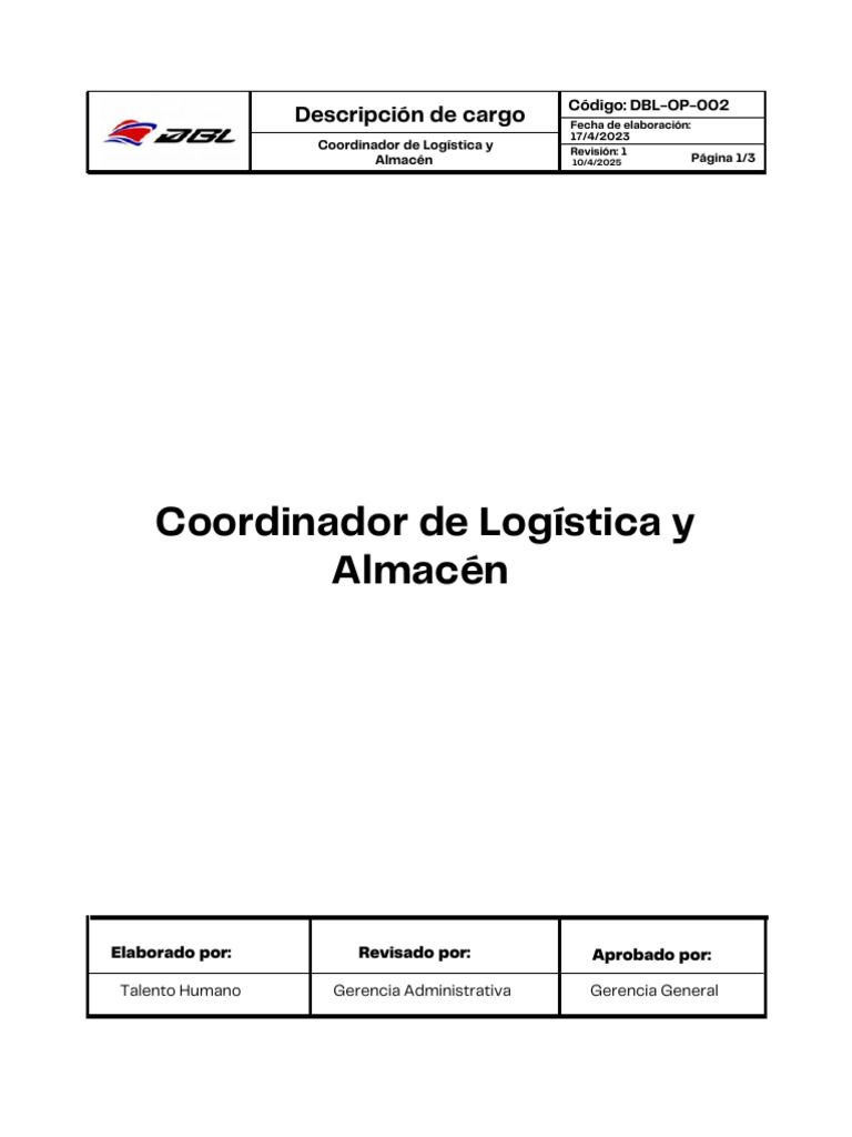 Manual de Cargo Coordinador de Logistica y Almacen | PDF | Logística | Almacén