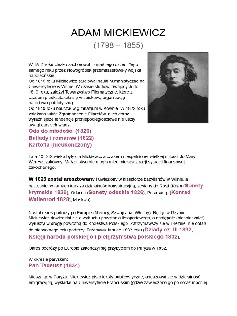 Adam Mickiewicz Biografia I Twórczość | PDF