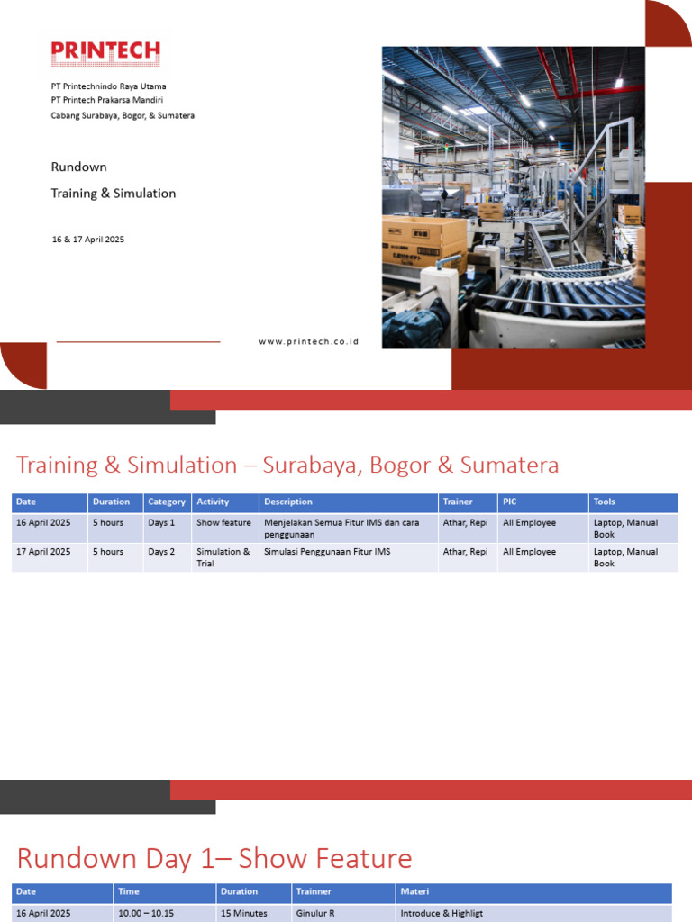Rundown Training Printech Surabaya, Bogor & Sumatera | PDF