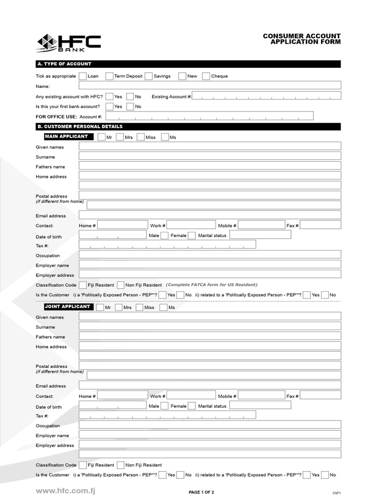 CSF1 Consumer Account Application Form | PDF | Banks | Credit