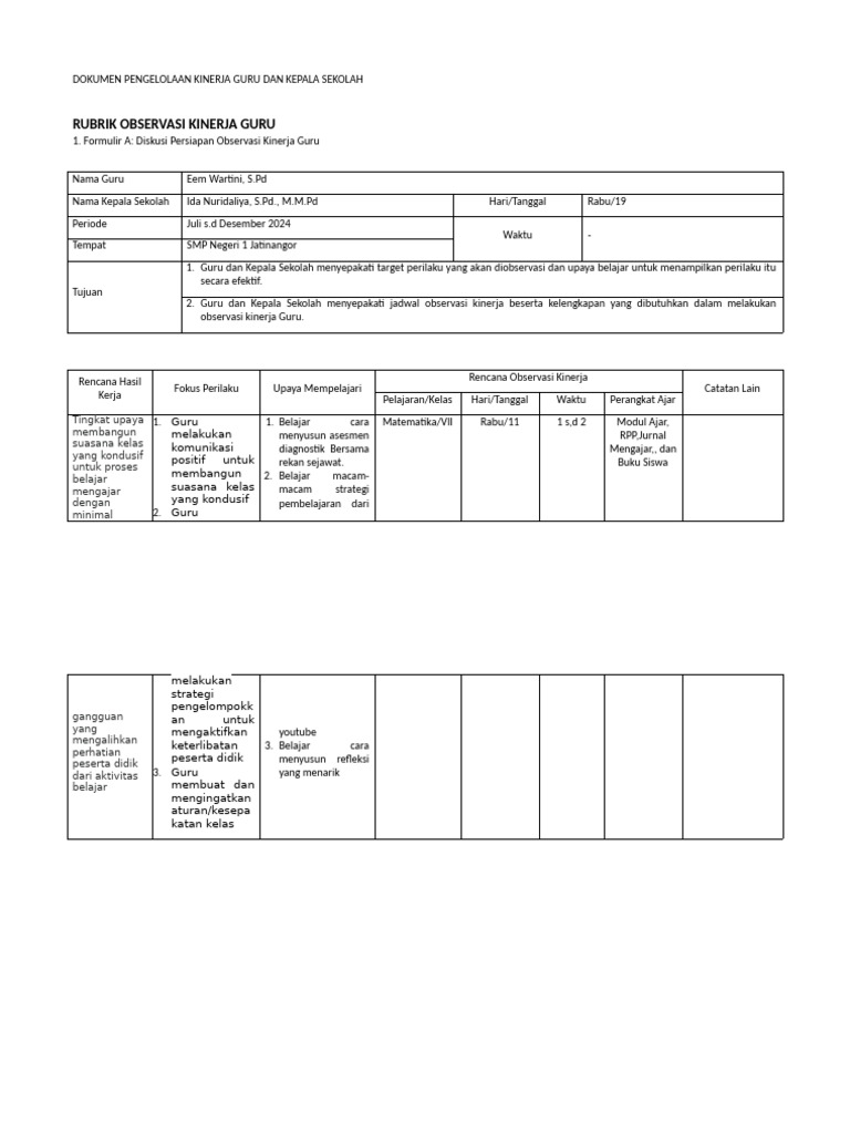 FORMAT A OBSERVASI KELAS SAJATI Eem Wartini 2024 | PDF