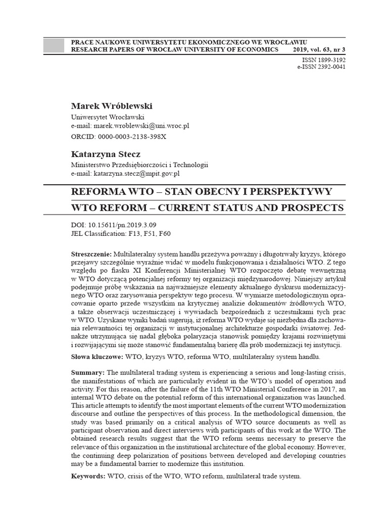 Reforma WTO Stan Obecny I Perspekty | PDF