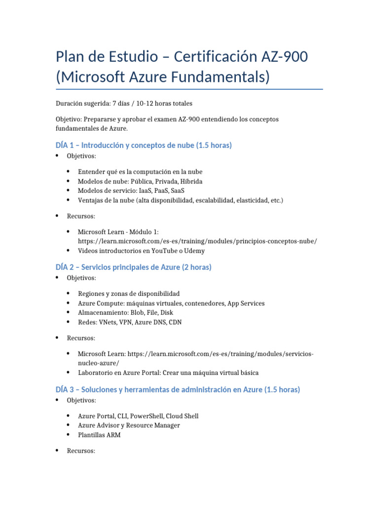 Plan Estudio AZ900 | PDF | Computación en la nube | Microsoft Azure