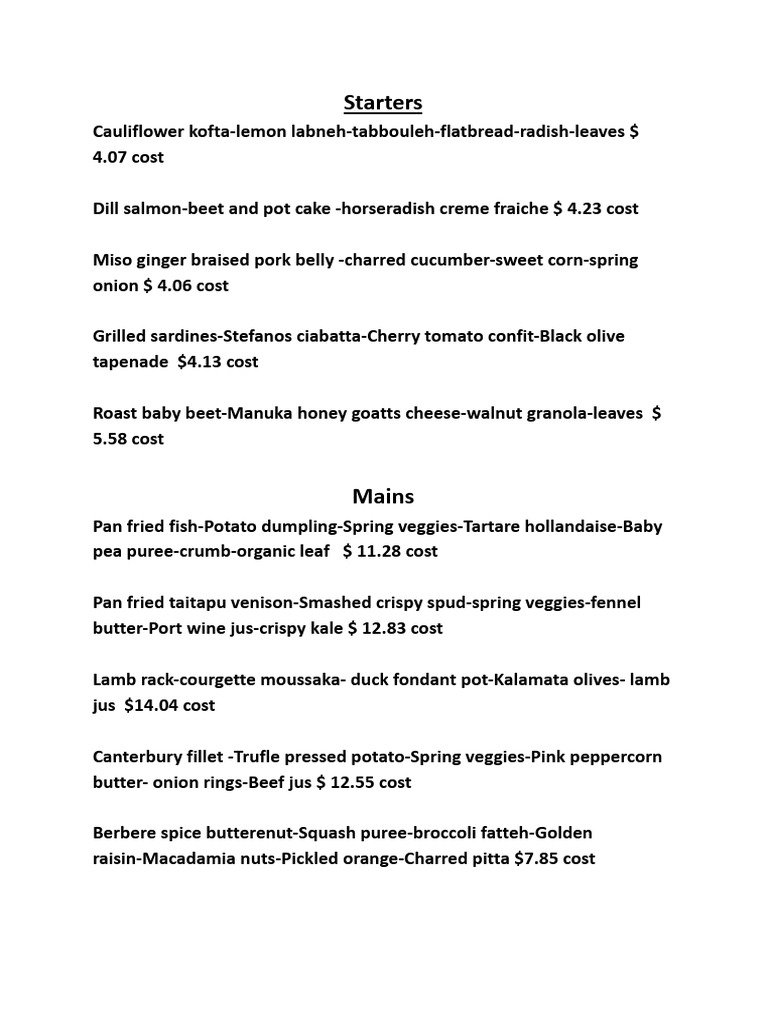 Gourmet Menu with Pricing Details | PDF