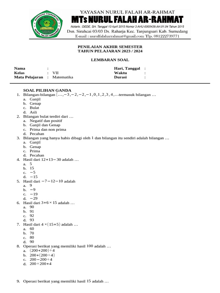 SOAL PAS MTK - Kelas 7 | PDF