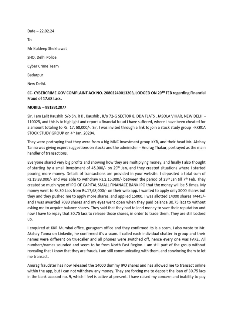 Fir and Letter To SHO (1) Delhi Adv Pragathi | PDF | Banking | Money