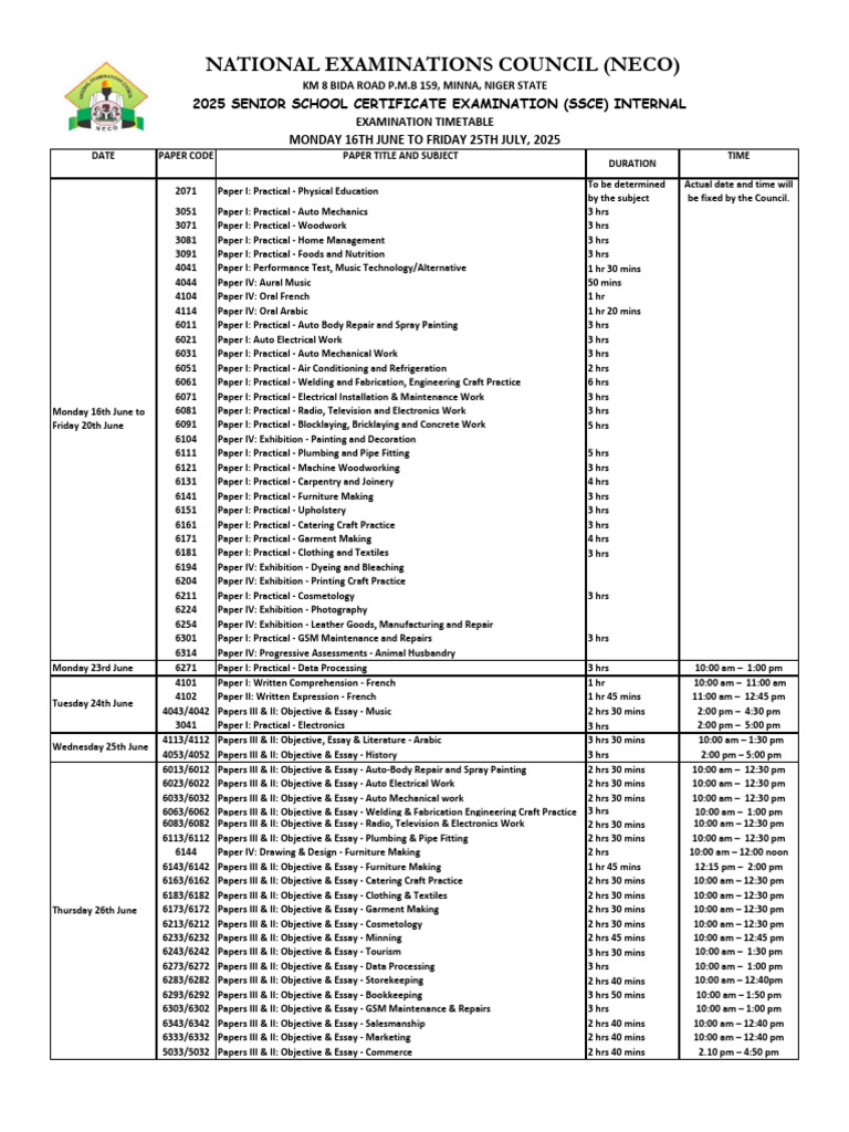 Neco 2025 Ssce Internal Timetable-1 | PDF | Paper