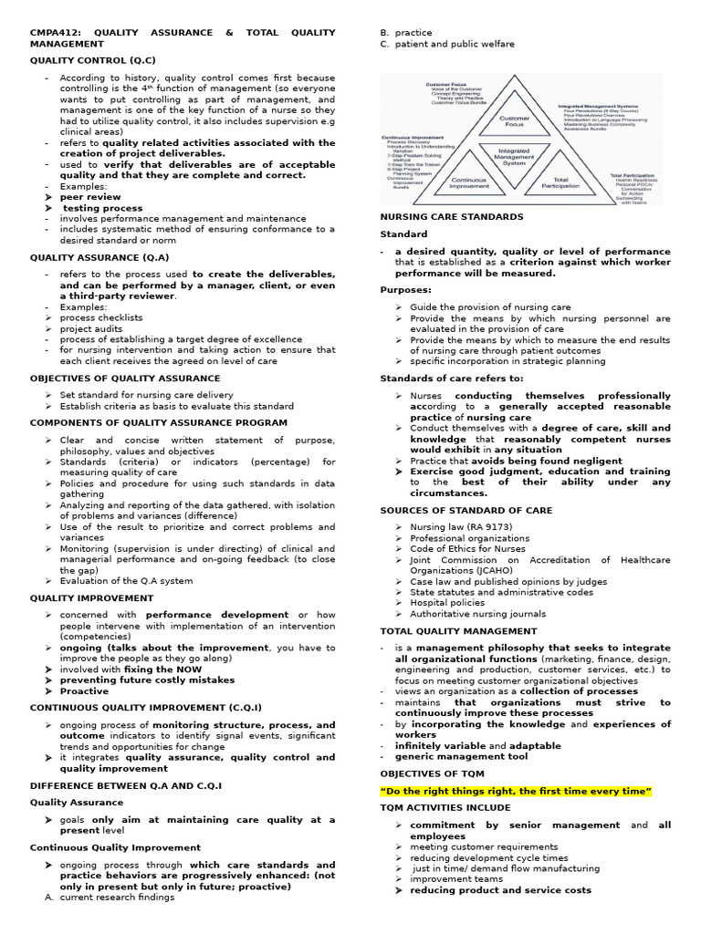 Cmpa412 - My Ultimate Quality Assurance Notes | PDF | Health Care | Nursing