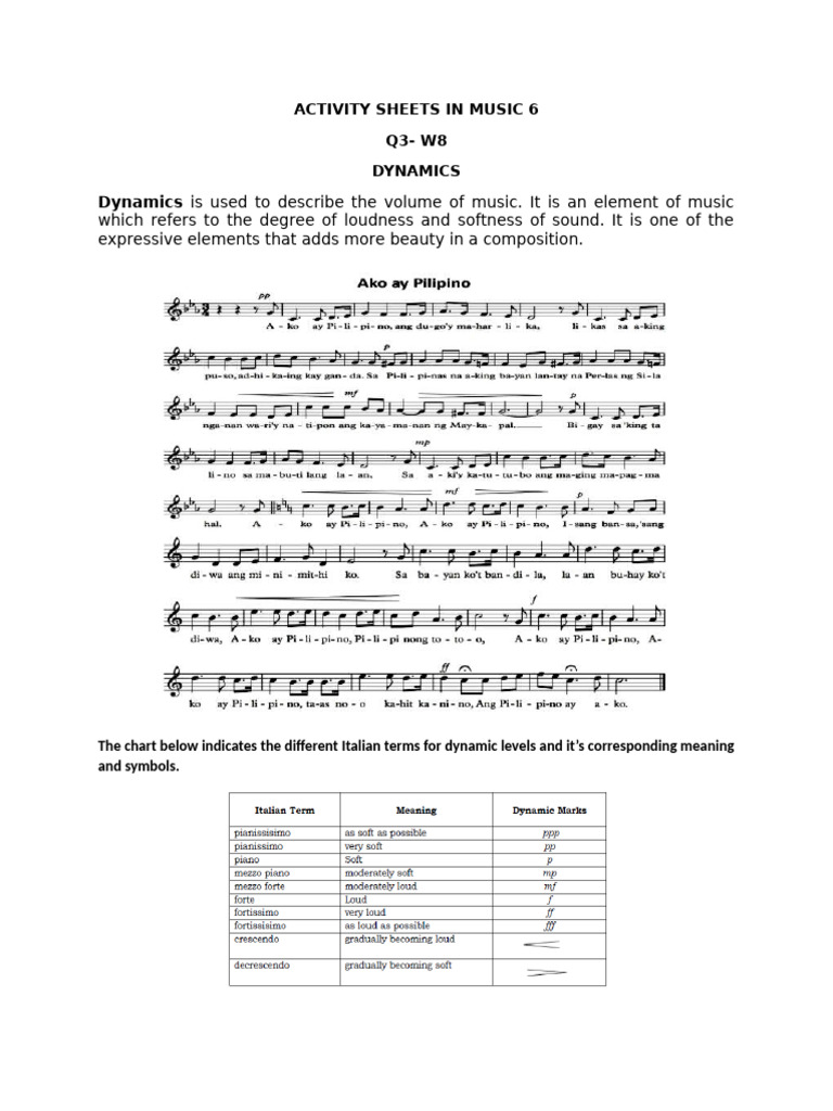 Music Dynamics Activity Sheet 6 | PDF