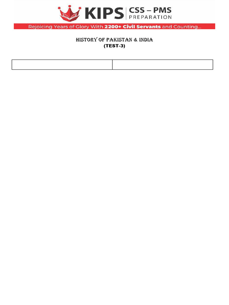 Pakistan & India History Test 2023 | PDF