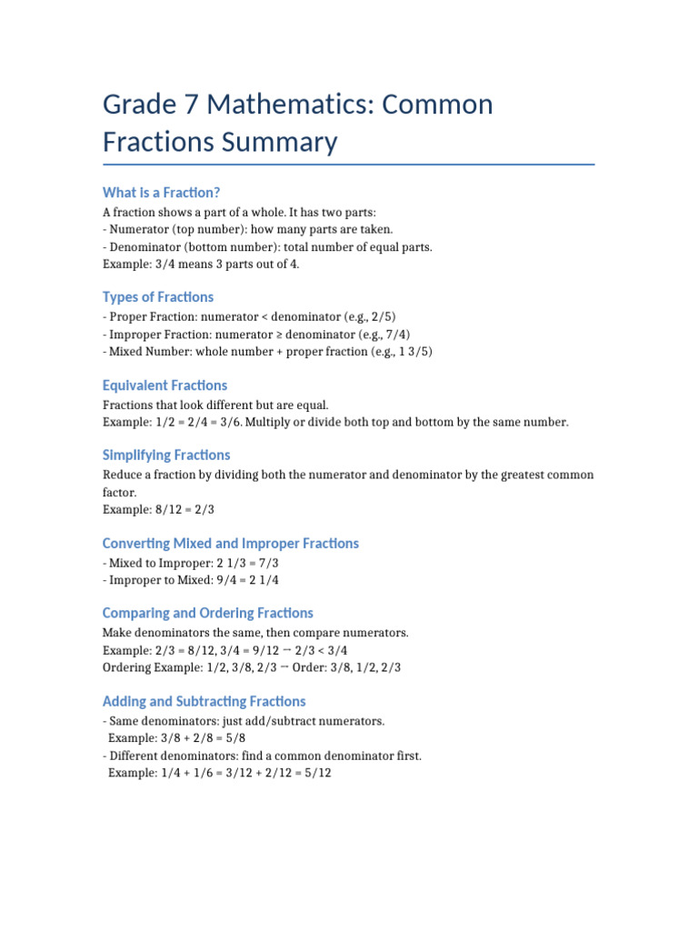 Grade 7 Common Fractions Guide | PDF