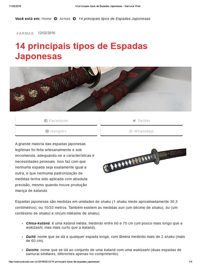 14 principais tipos de Espadas Japonesas - Samurai Web | PDF | Armas de ...