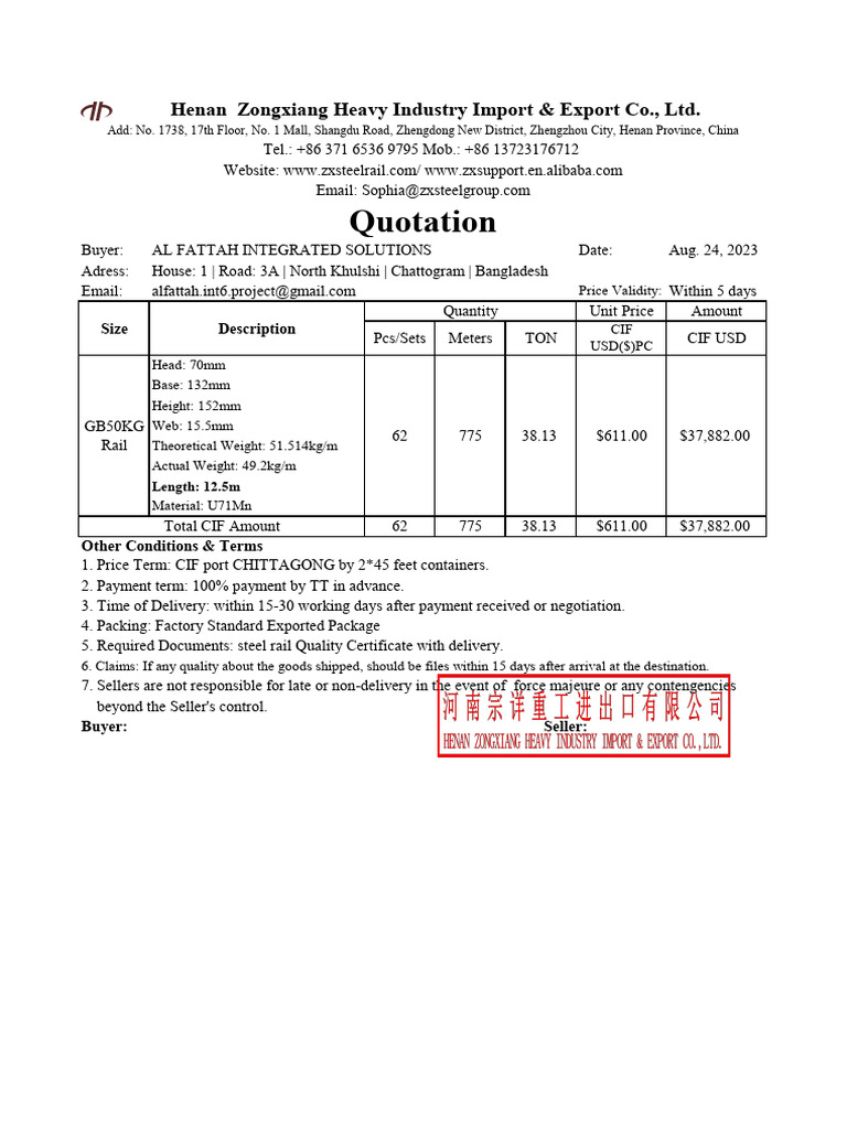 50kg Rail Quotation for Al Fattah | PDF