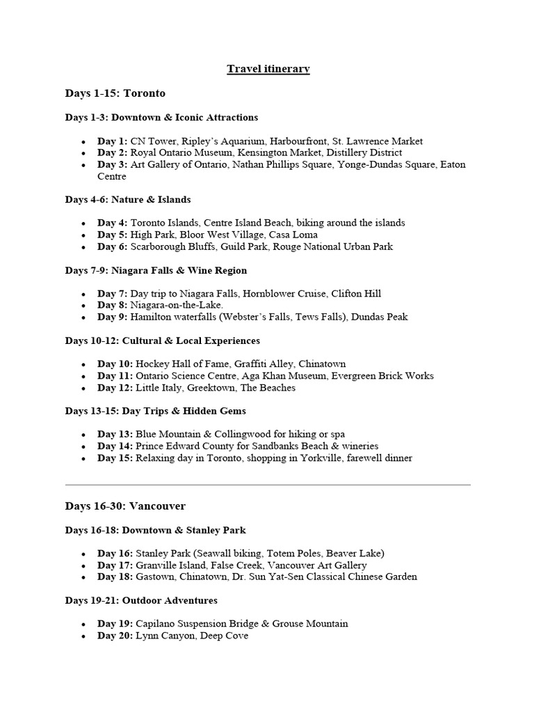 30-Day Canada Travel Itinerary | PDF
