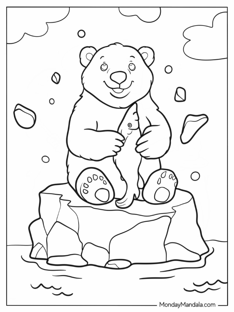 Polar Bear Catching Fish On An Iceberg Coloring Page | PDF