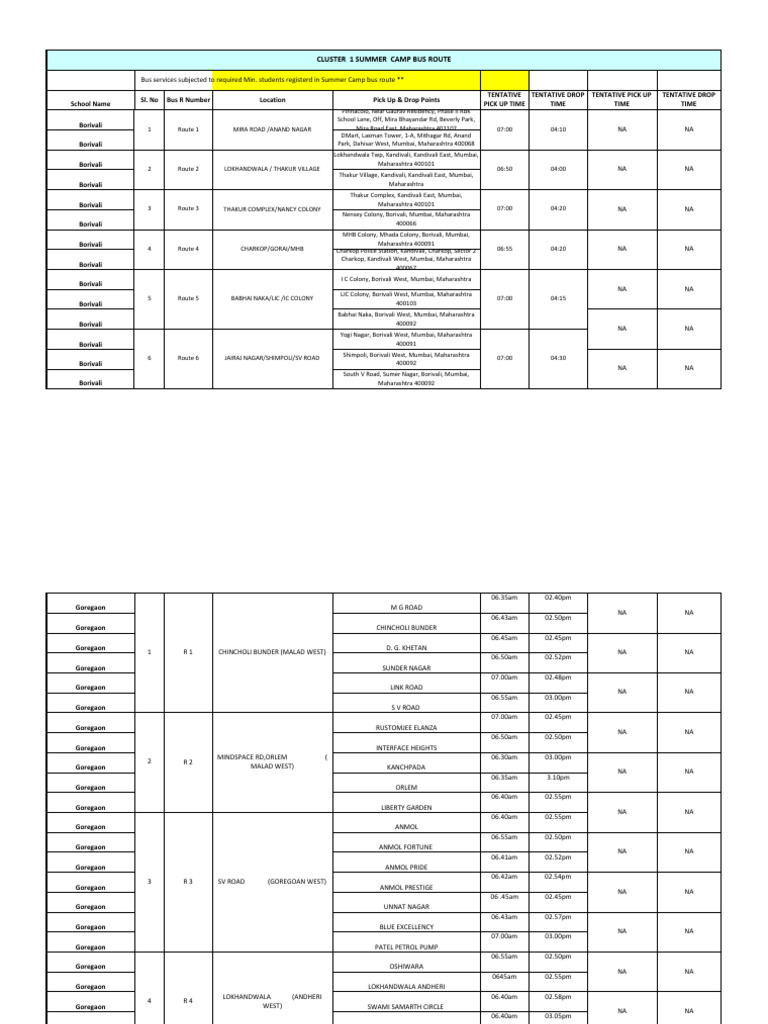 Summer Camp Bus Routes and Timings | PDF