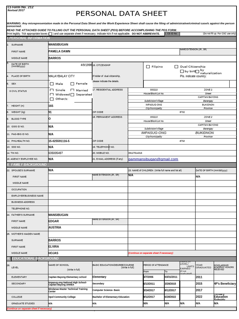 Personal Data Sheet Cs Form No. 212 Revised 2017 Mansibugan Pamela Dawn | PDF | Justice | Crime ...
