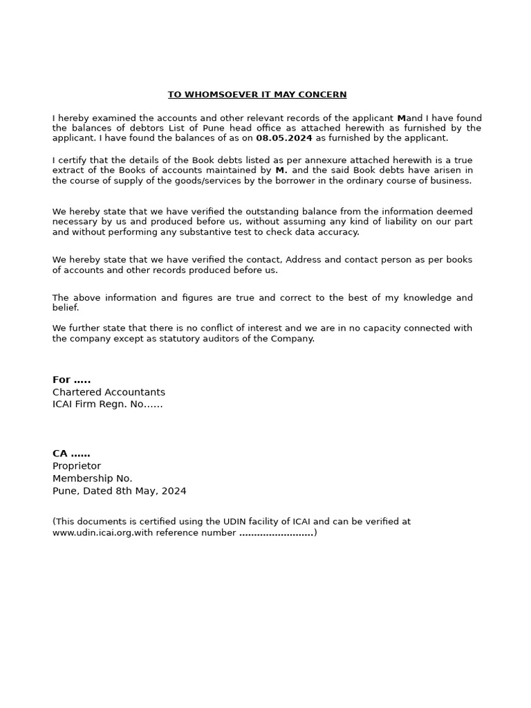 Outstanding Debtors Certificate Format | PDF