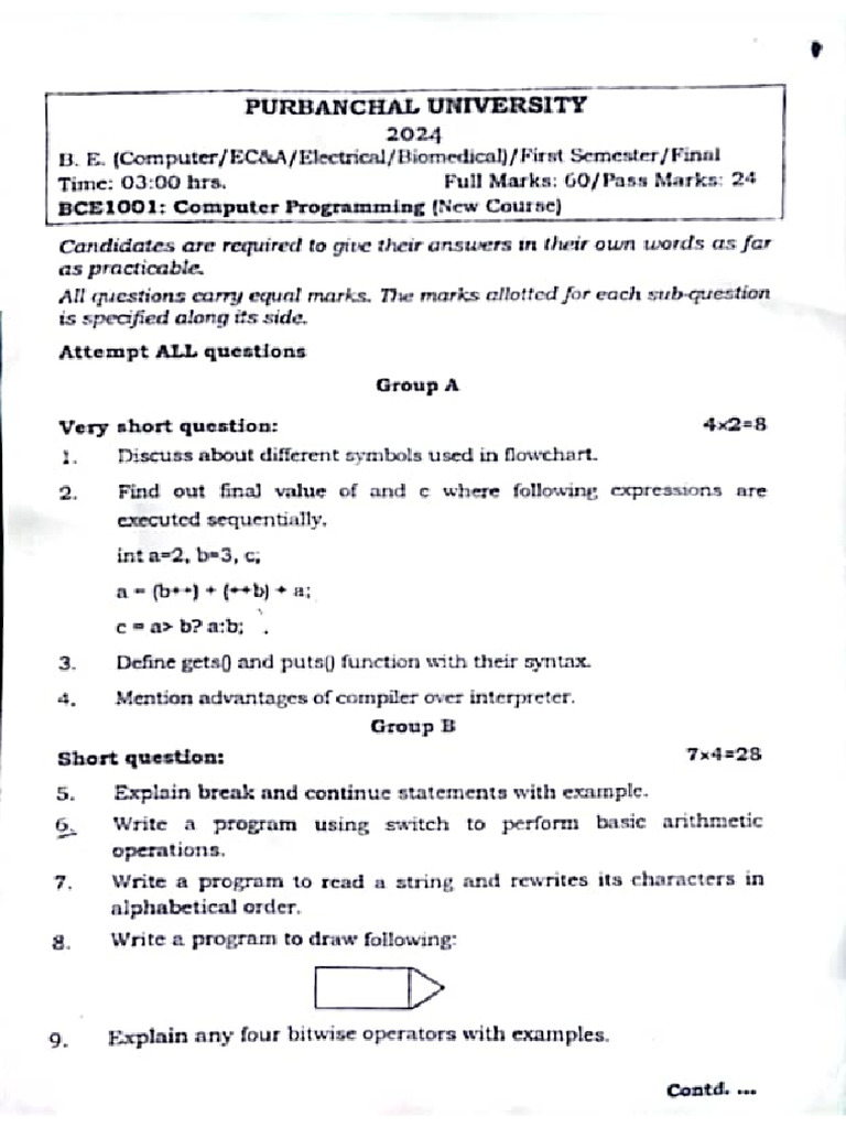 C Programming 2024 Question Paper (PU) | PDF