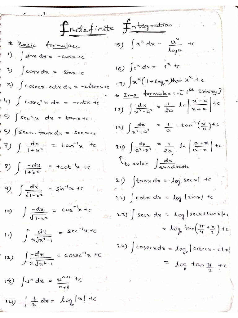 Indefinite INTEGRATION Short. Notes | PDF