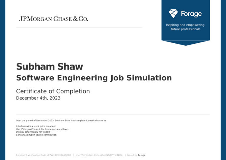 Subham Shaw's JP Morgan Simulation Certificate | PDF