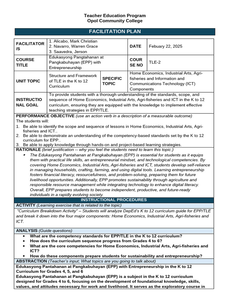 1FacilitationPlan OCC 2025EPP | PDF | Curriculum | Educational Technology