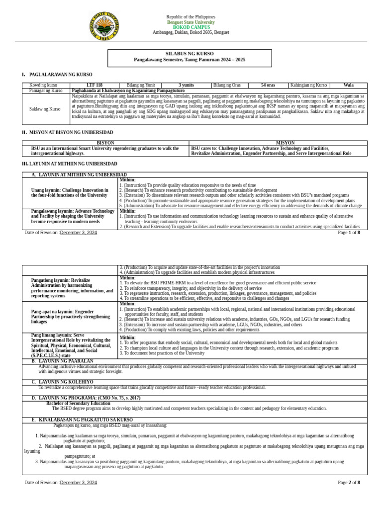LTF 118 (BSED)- Paghahanda at Ebalwasyon ng Kagamitang Pampagtuturo | PDF