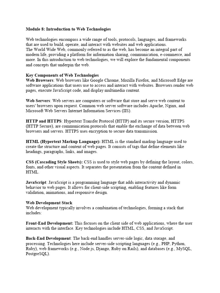 MODULE 8 Introduction to Web Technologies (1) | PDF | Internet & Web | World Wide Web