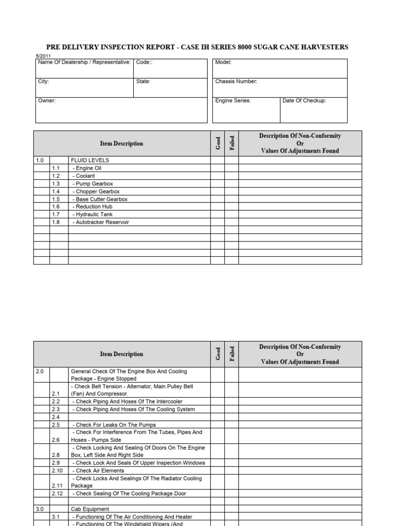Pre-Delivery Inspection Report: Case IH 8000 | PDF | Pump | Vehicles