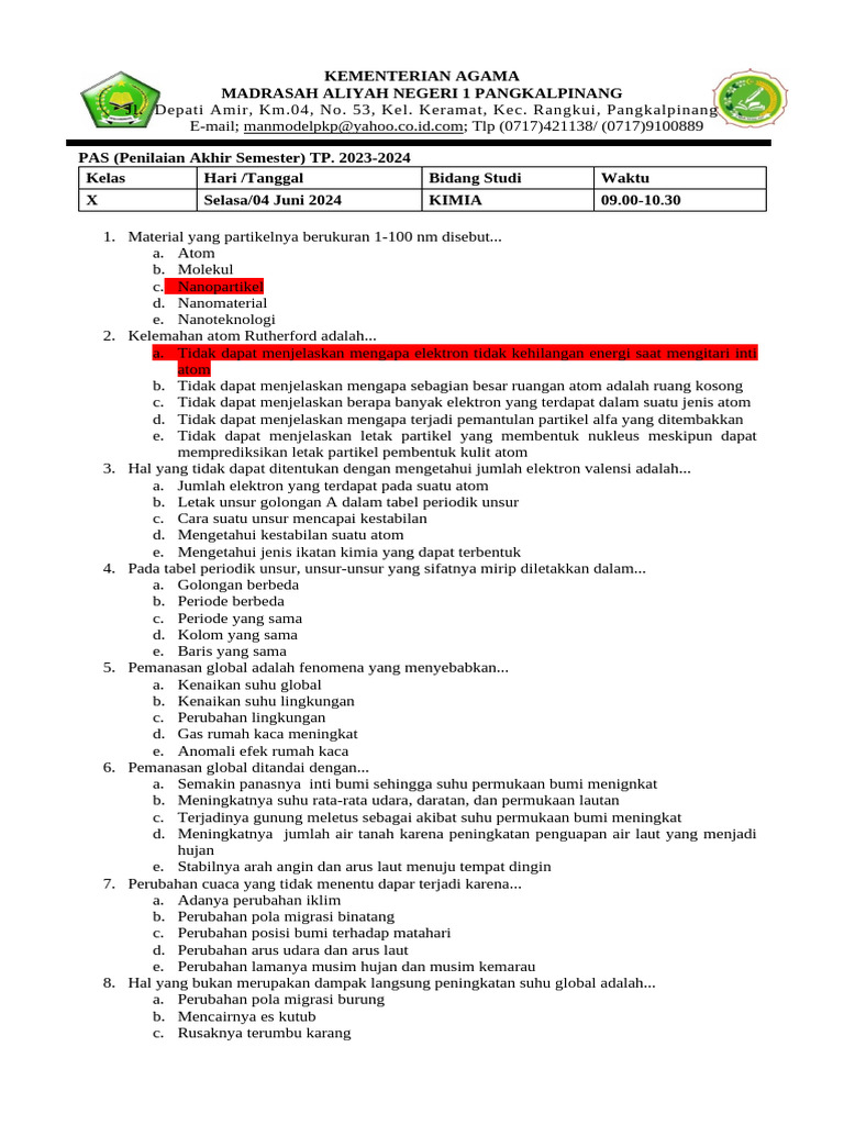 Soal Remedial Asas Kimia Kelas X Genap 2024 | PDF