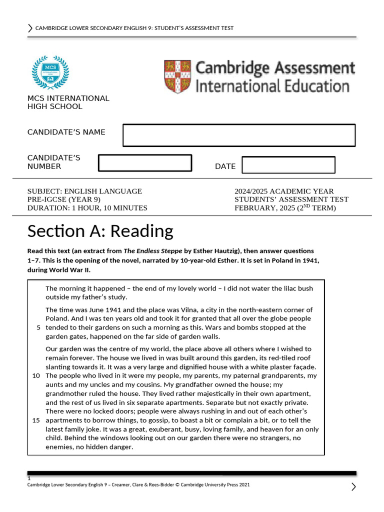 Year 9 English Assessment Test 2025 | PDF