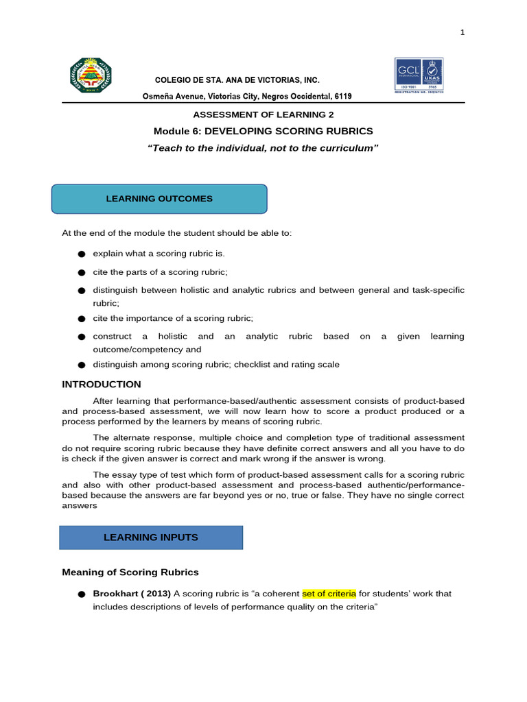 Module 6 Developing Scoring Rubrics | PDF | Rubric (Academic) | Human Communication