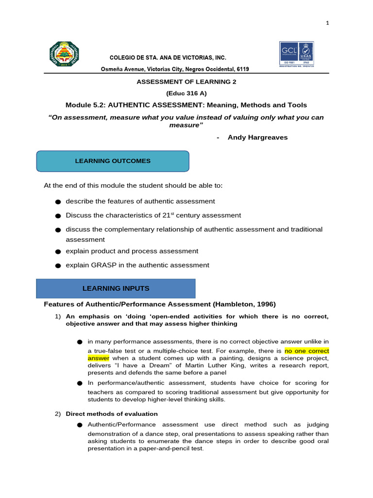 Module 5.2 Authentic Assessment | PDF | Educational Assessment | Learning