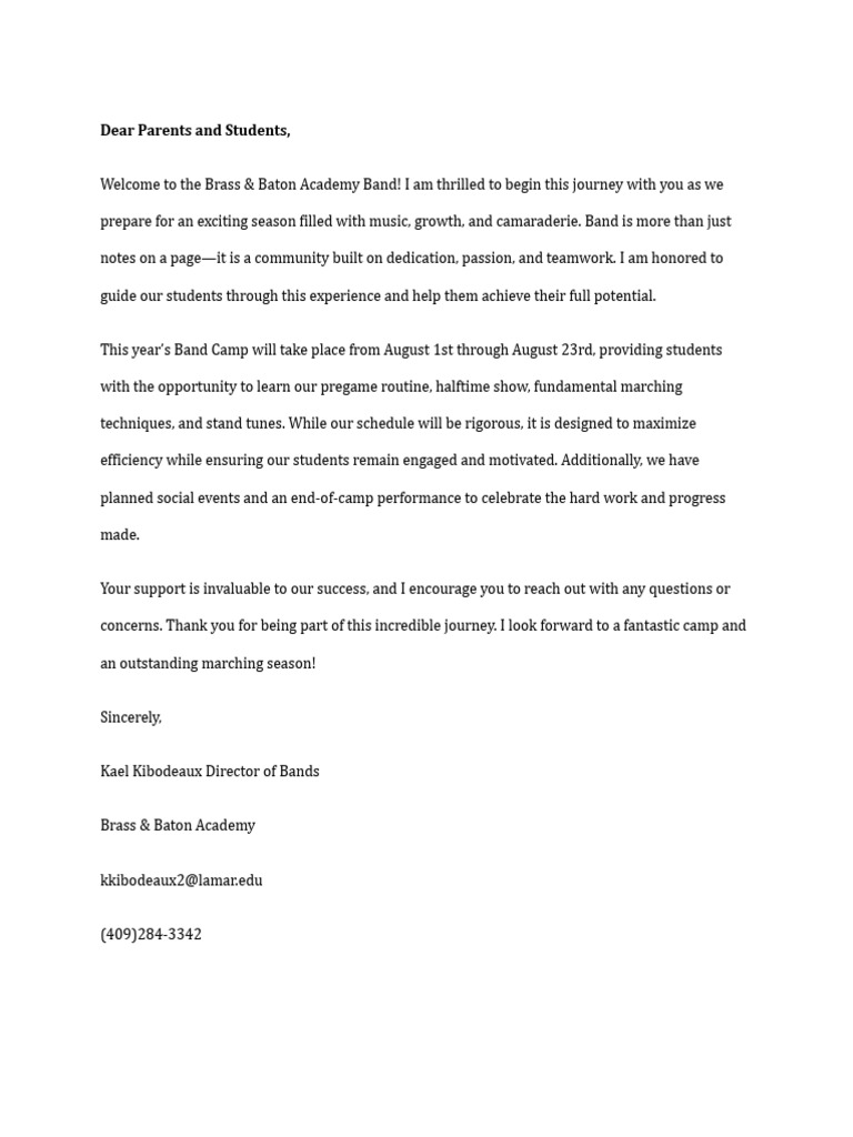 Welcome Letter and Band Camp Schedule | PDF | Performing Arts
