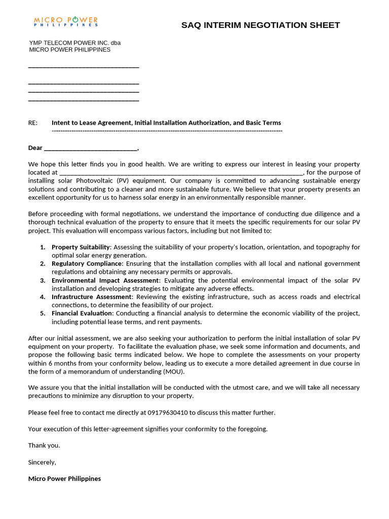 SAQ Interim Negotiation Sheet | PDF | Photovoltaics | Lease