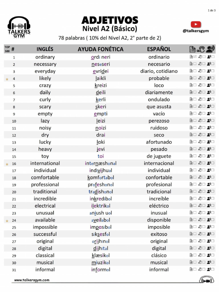 Adjetivos A2 Lista 2 | PDF | Tipología Lingüística | Semántica