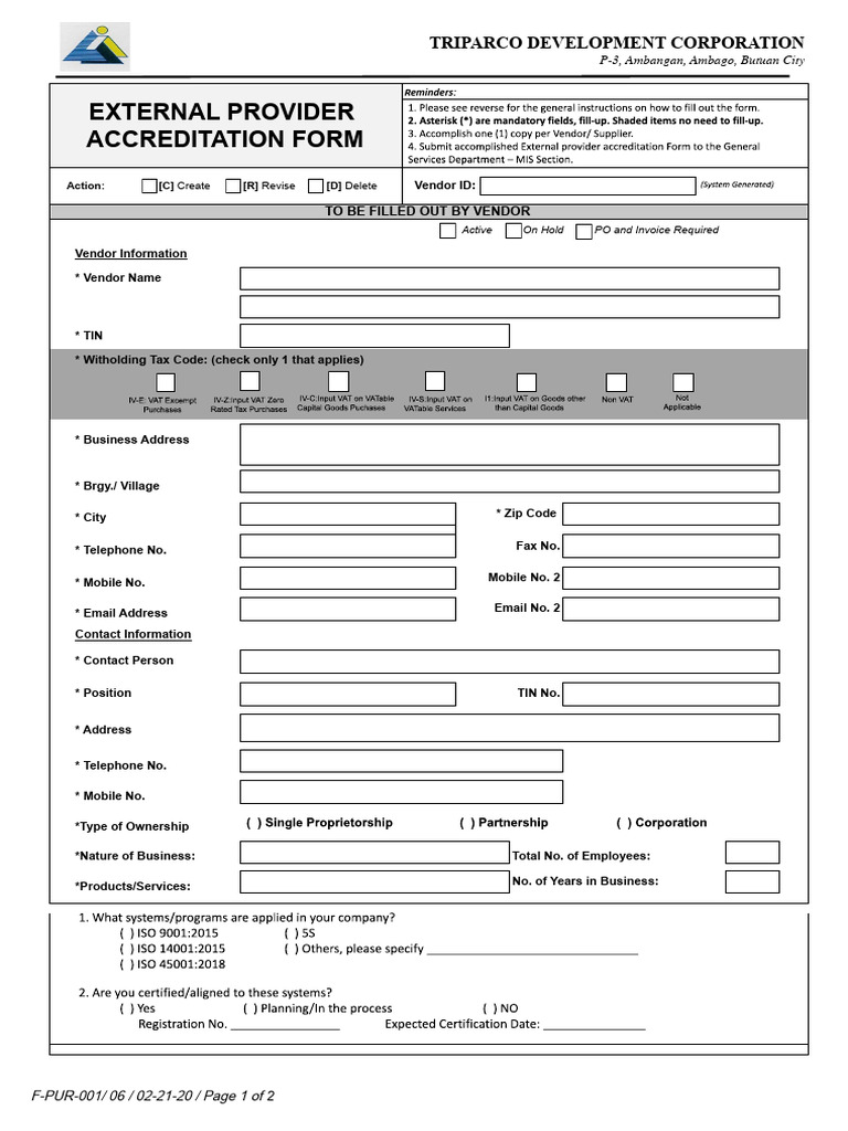 ACCREDITATION TRI-PARCO - XLSX - Vendor RegForm | PDF