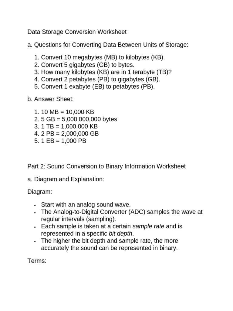 Data Storage Conversion Worksheet | PDF