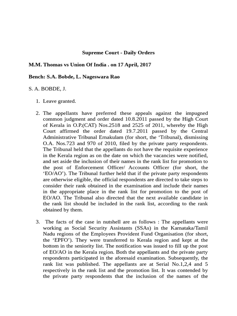 M.M. Thomas Vs Union of India - ALLOWED | PDF | Supreme Court Of India ...