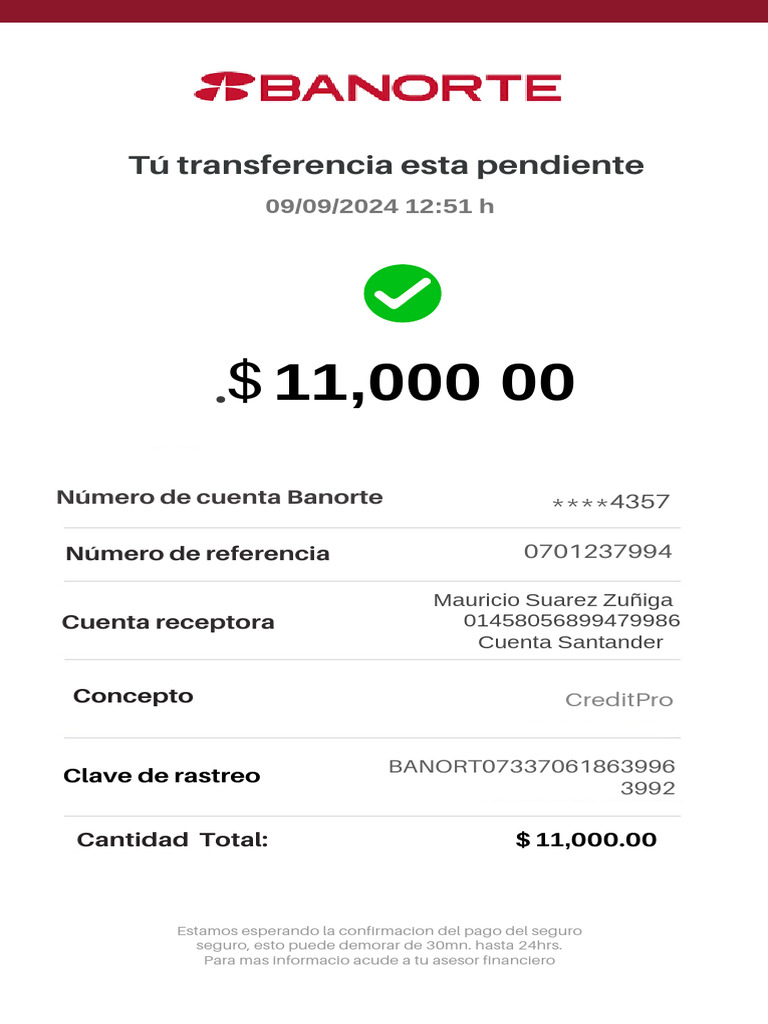Transferencia pendiente Banorte $11,000 | PDF