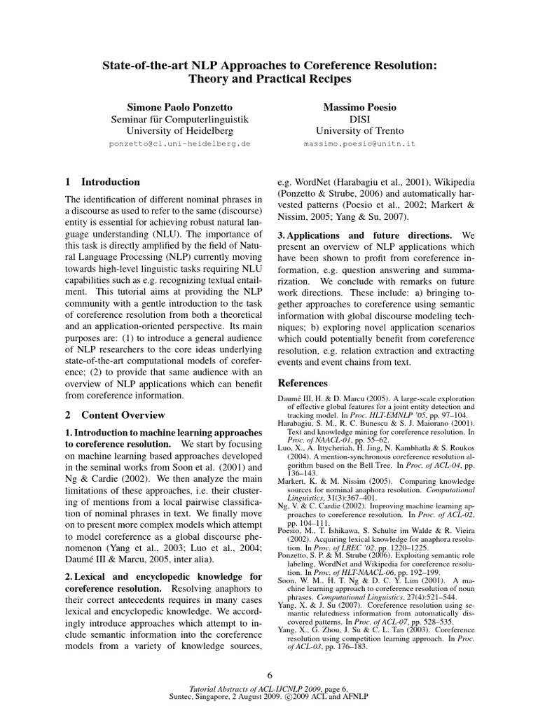 State-Of-The-Art NLP Approaches To Coreference Resolution - Theory and Practical Recipes | PDF ...