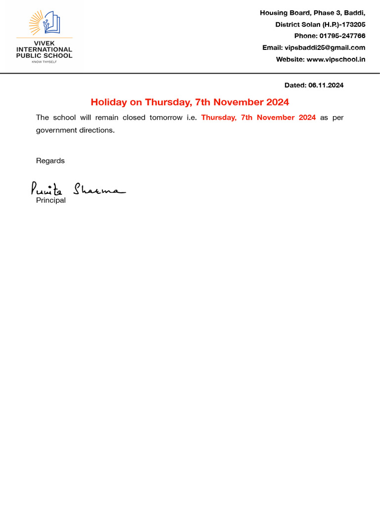 Circular 20241106193918 Circular-Holiday On 7th November 2024 | PDF
