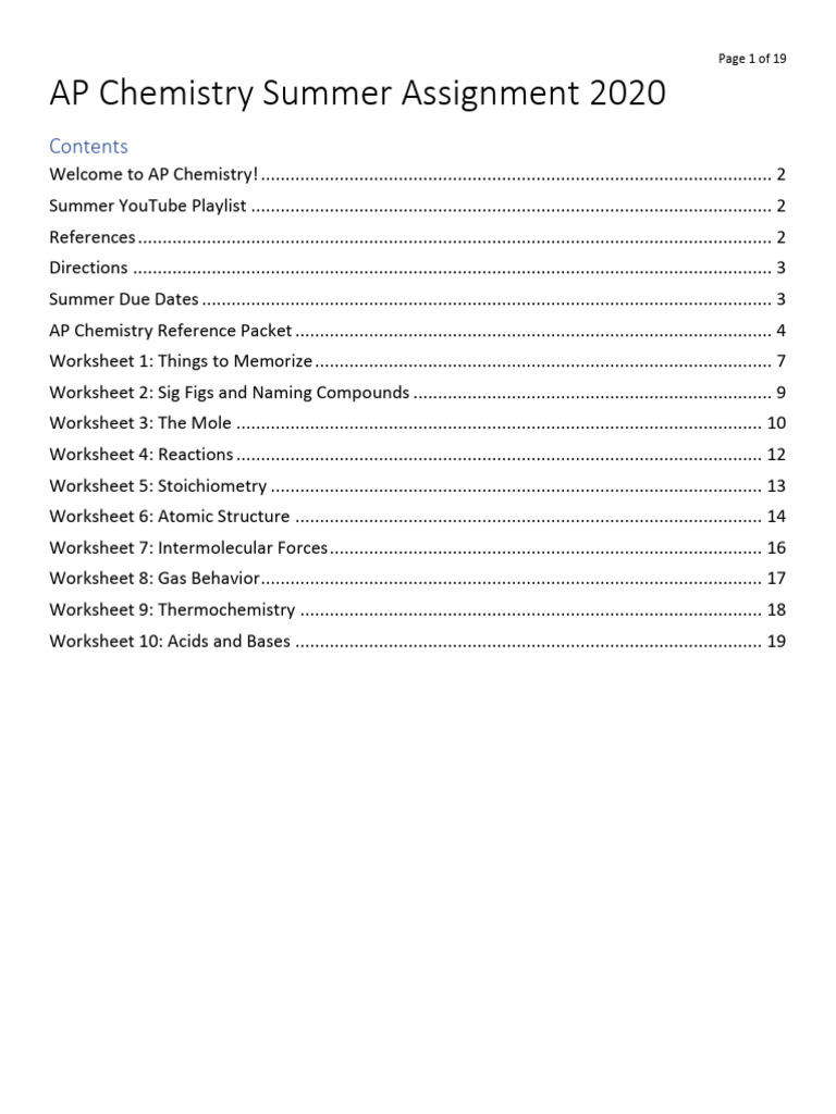 AP Chem Summer Assignment 2020 | PDF | Mole (Unit) | Gases