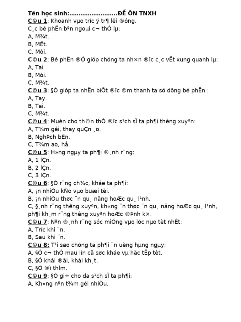 De Trac Nghiem Mon TNXH Lop 1 | PDF