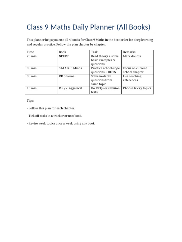 Class 9 Maths Multi-Book Daily Planner | PDF