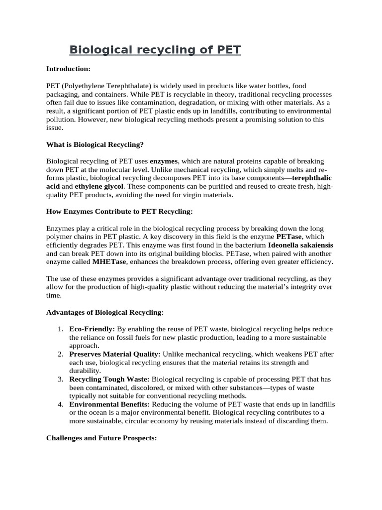 Biological Recycling of PET | PDF | Recycling | Plastic