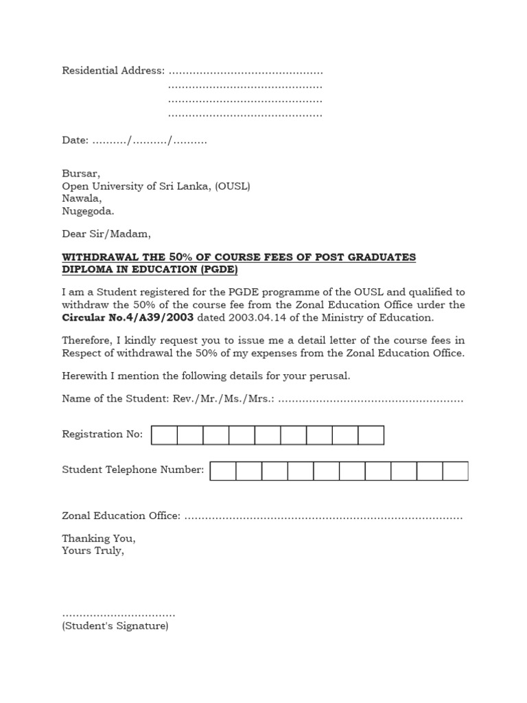 PGDE Course Fee Withdrawal Request | PDF