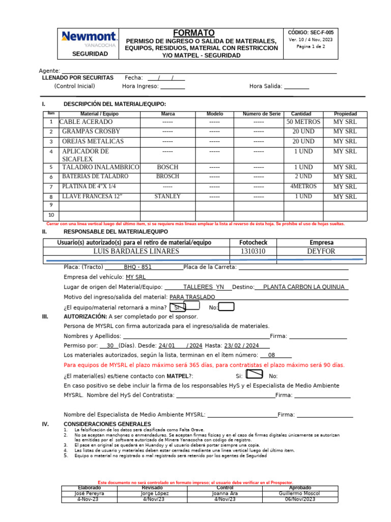 SEC-F-005 - Ingreso y Salida de Materiales Ver10 - 2023 | PDF