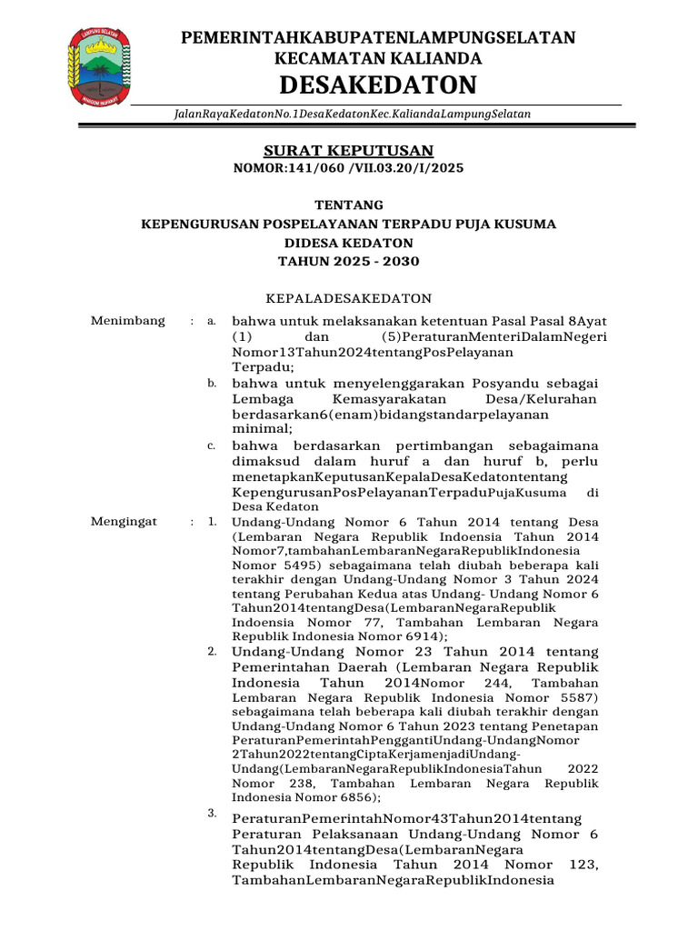 SK Susunan Kepengurusan Posyandu Puja Kusuma Tahun 2025 | PDF