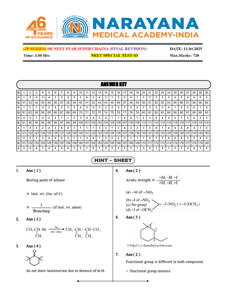 (Special Major Test-3) - SR Neet Star Super Chaina Final Revision Key ...